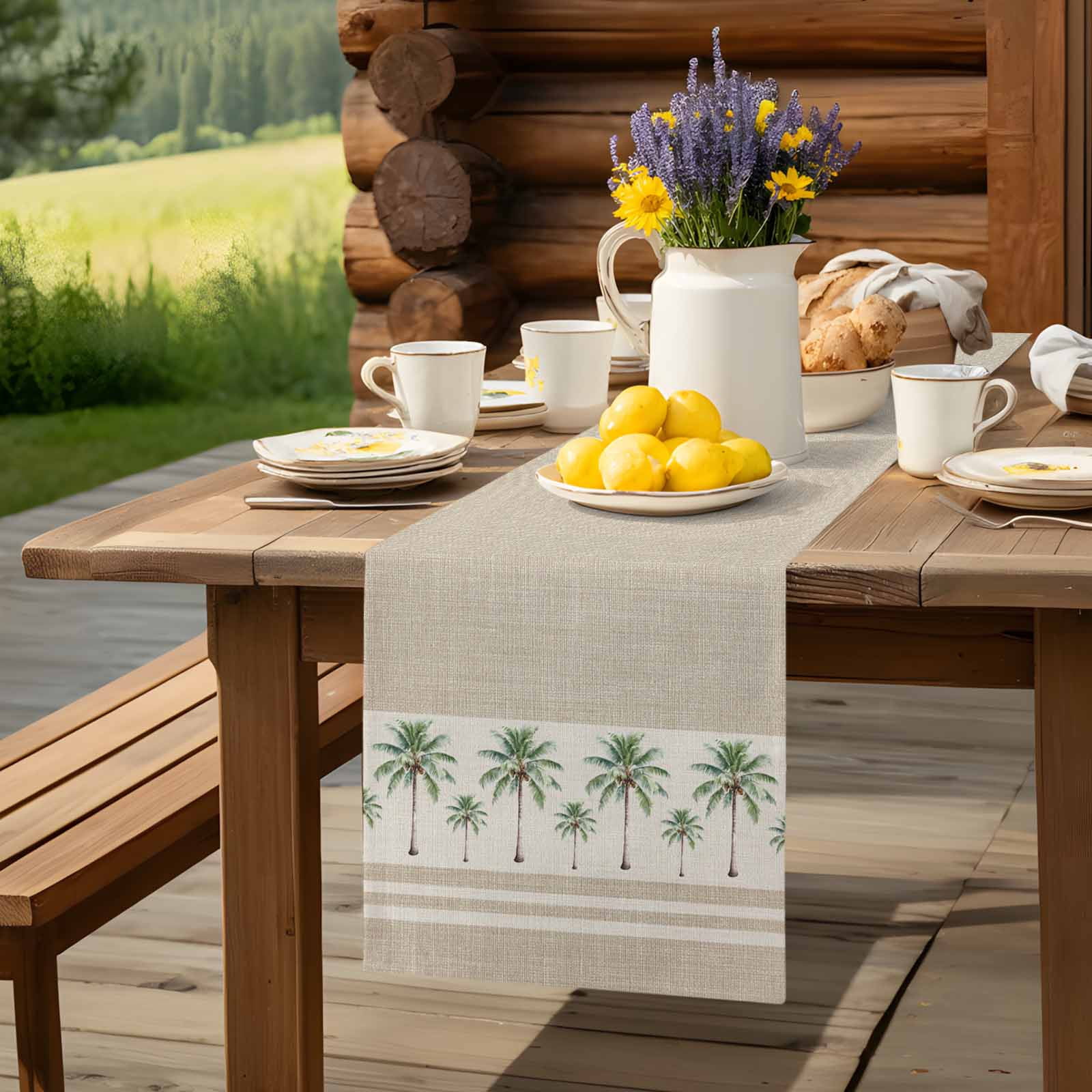 Coastal Green Palm Trees on Vintage Linen Table Runner 13x90in Non-Slip ...