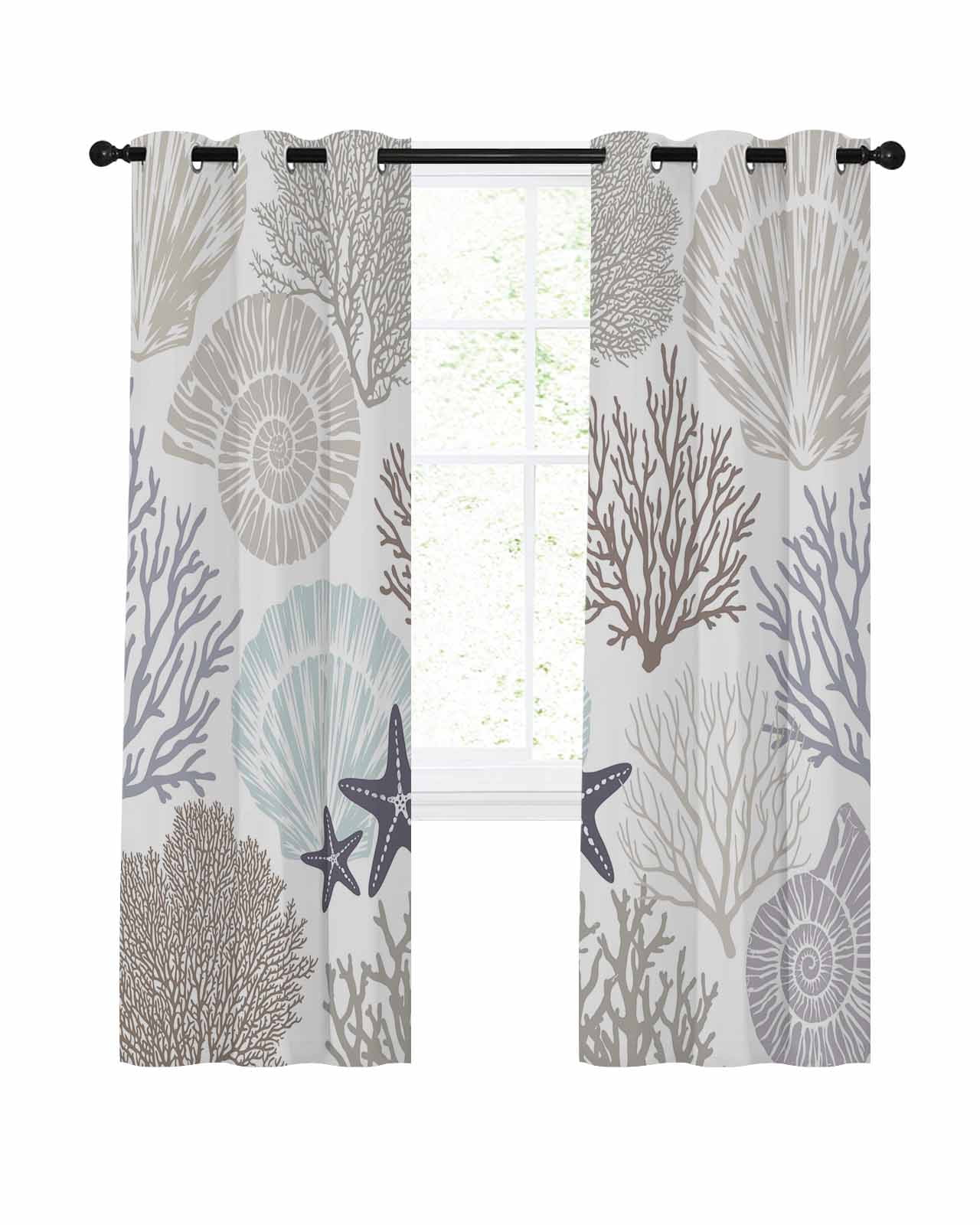 Coastal Grey Coral Blackout Curtains 90 Inches Length, Cream Nautical ...