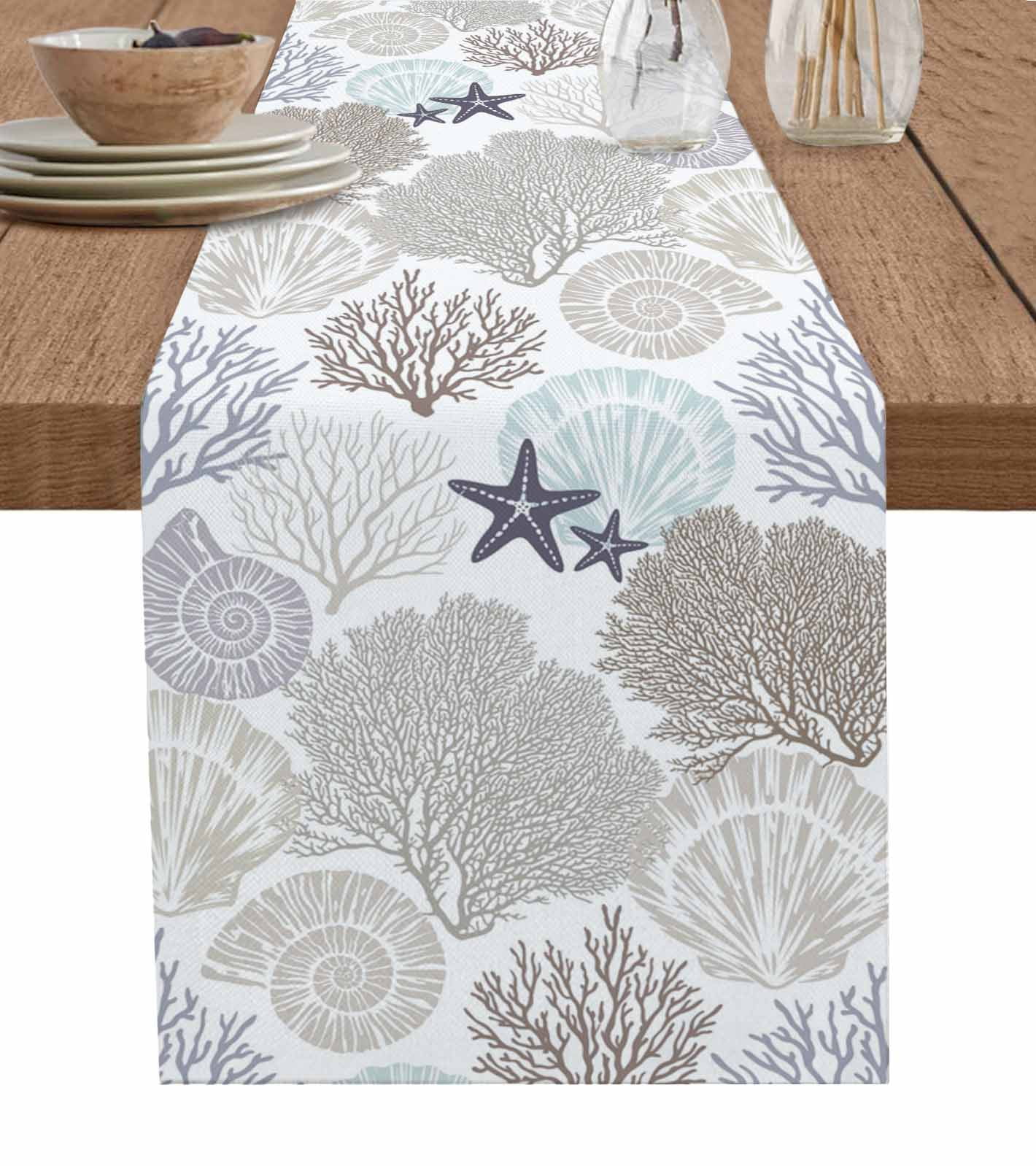Coastal Grey Coral Table Runners 60 Inches Long, Cotton Linen Fabric ...