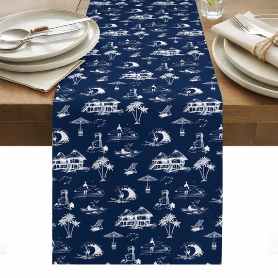 Coastal Holiday Cotton Linen Table Runner Ocean Coconut Tree Surfing ...