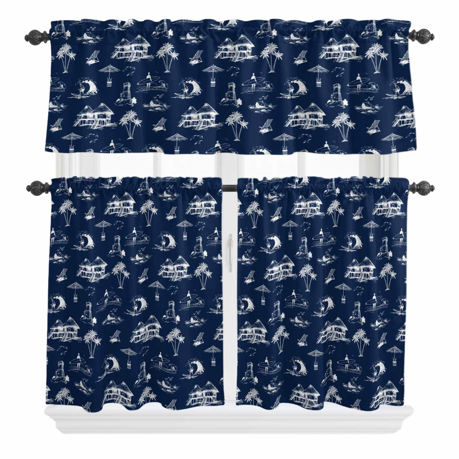Coastal Holiday Curtain Valances Set Ocean Coconut Tree Surfing Boat ...