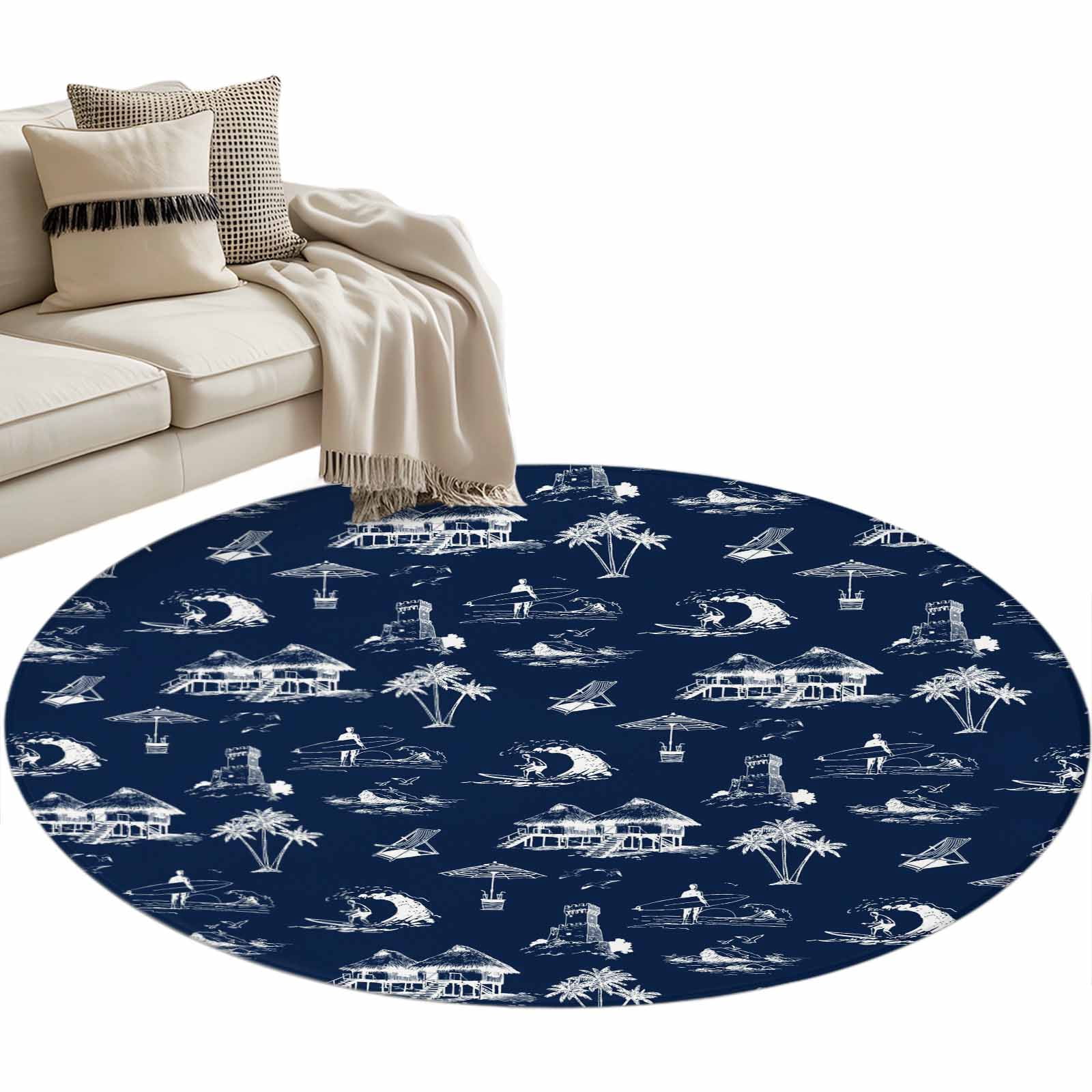 Coastal Holiday Round Area Rug 4 ft Ocean Coconut Tree Surfing Boat ...