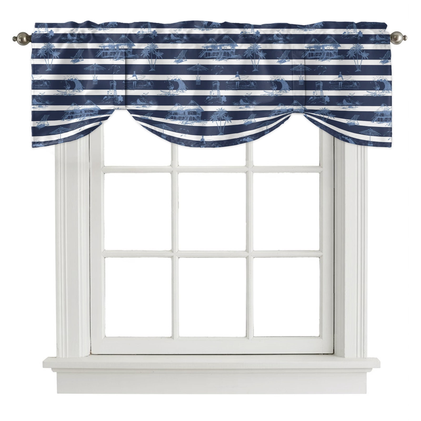 Coastal Holiday Tie Up Valance Curtains Ocean Coconut Tree Surfing Boat ...