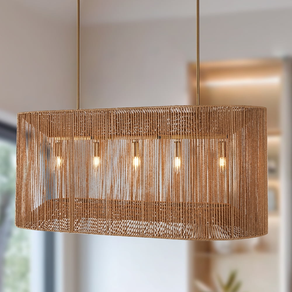 Coastal-Inspired Abaca Rope Linear Iron Chandelier , Compatible with ...