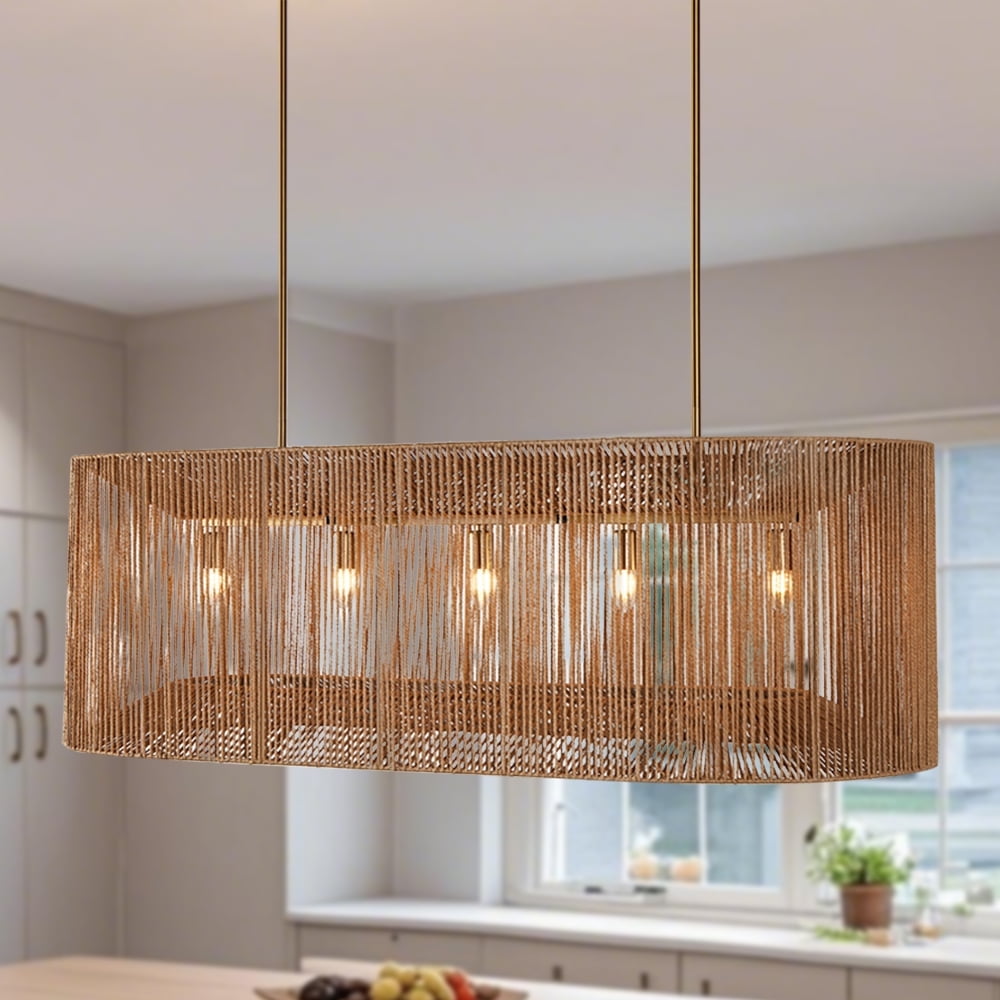 Coastal-Inspired Abaca Rope Linear Iron Chandelier , Compatible with ...