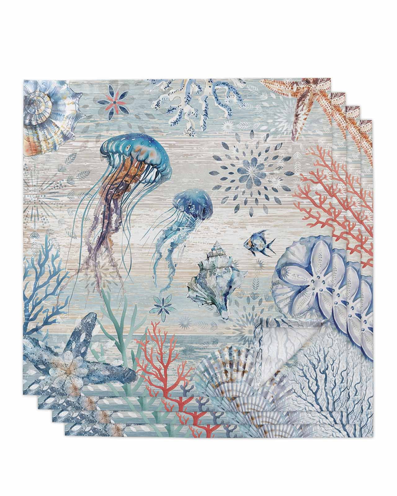 Coastal Jellyfish Cloth Napkins Set of 4 Reusable Dinner Napkins, Blue ...