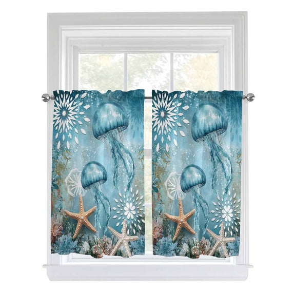 Coastal Jellyfish Kitchen Curtains 45 Inch Length, Blue Coral Starfish ...