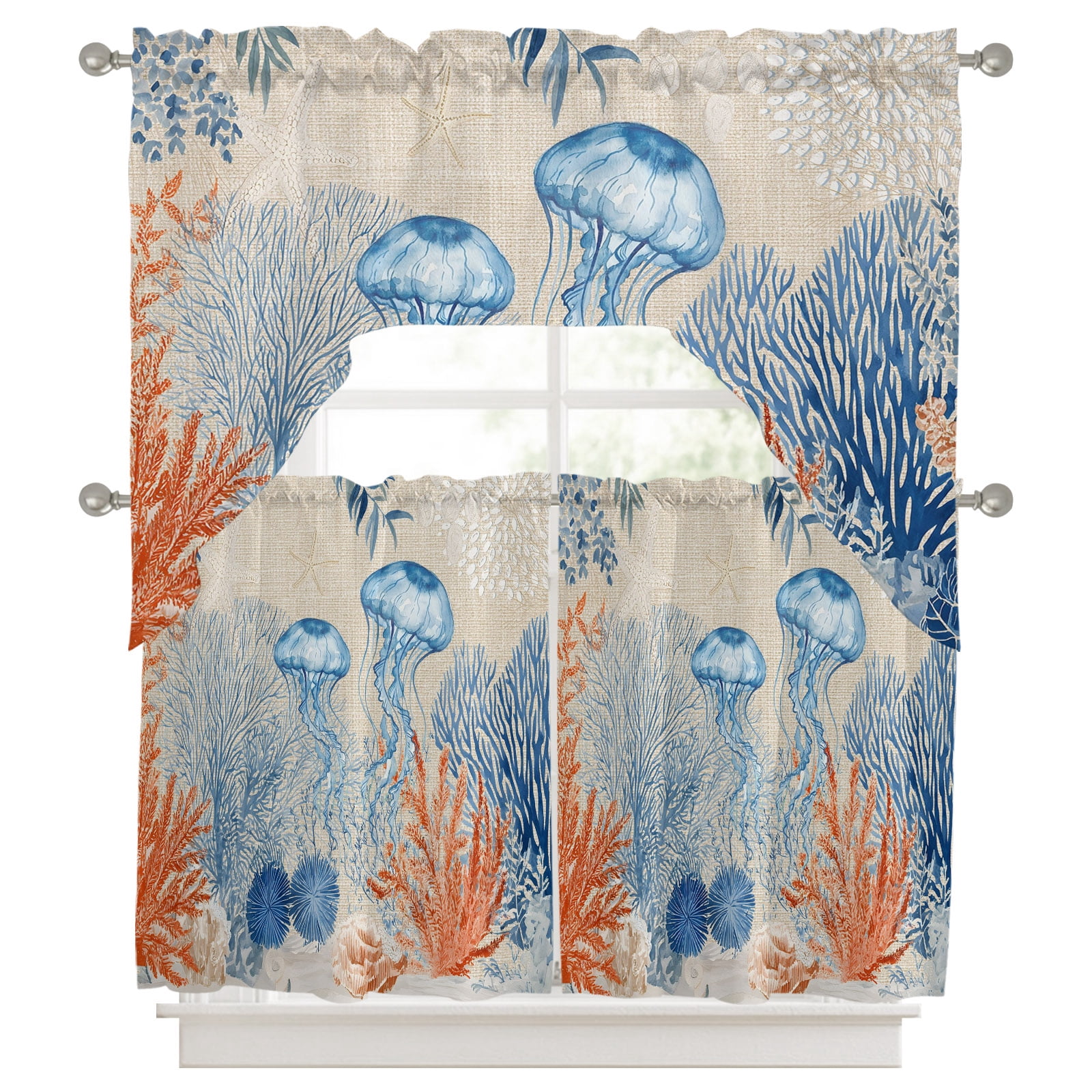 Coastal Jellyfish Kitchen Curtains Swag Valance and Tier Curtains Set ...