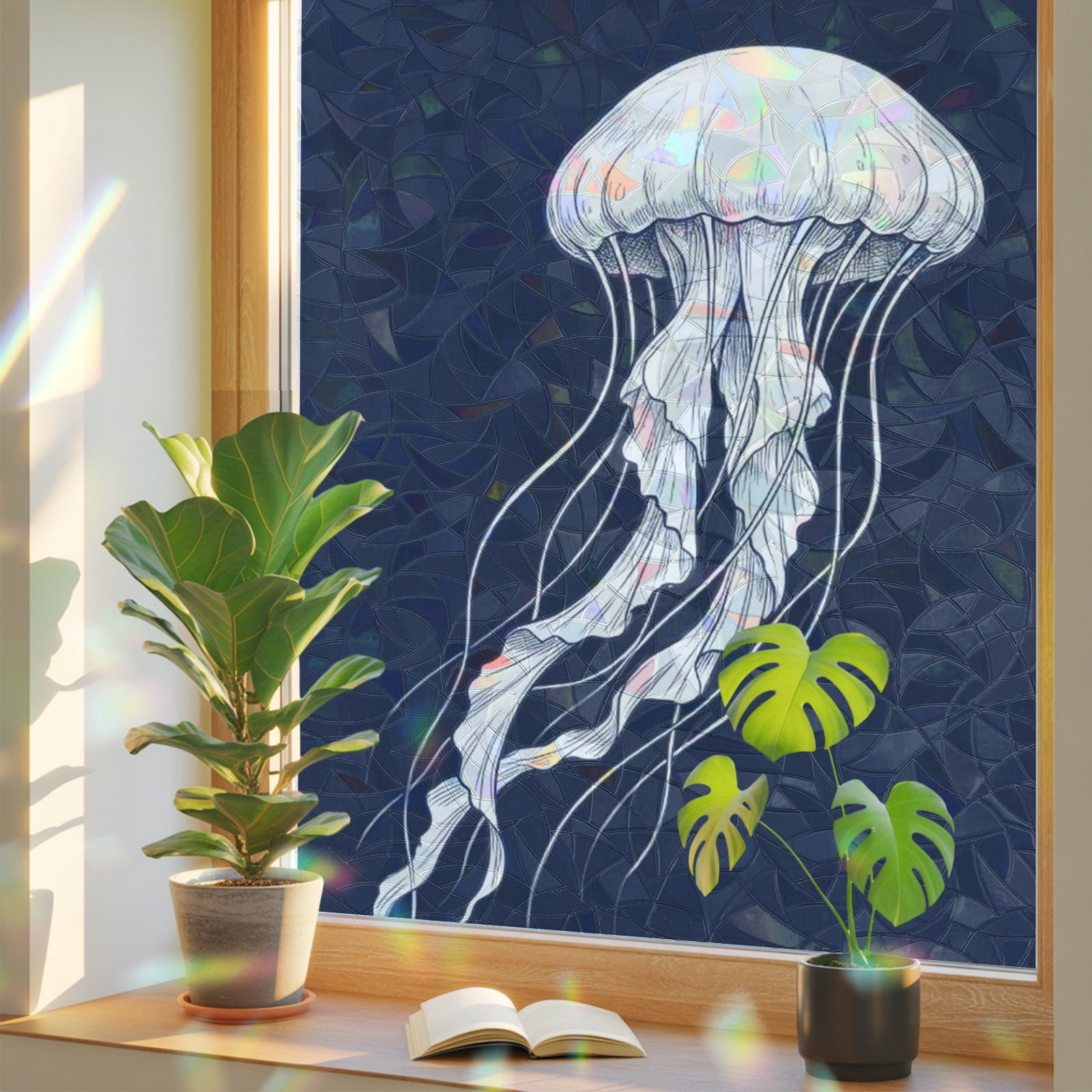 Coastal Jellyfish on Navy Blue Window Privacy Film, Rainbow Film ...
