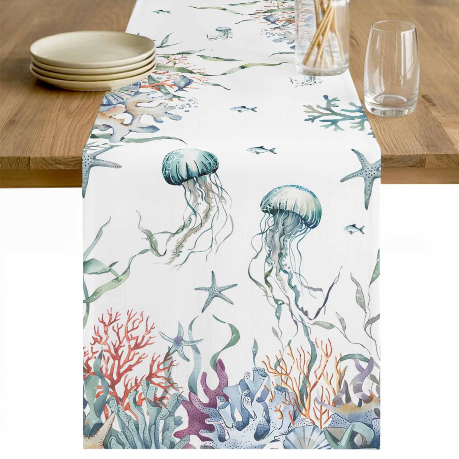 Coastal Jellyfish Table Runner - 36 Inch Long Ocean Nautical Starfish ...