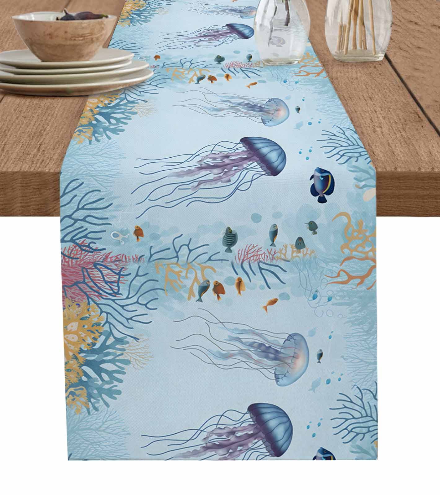 Coastal Jellyfish Table Runner 72 Inches, Summer Ocean Nautical Fish ...