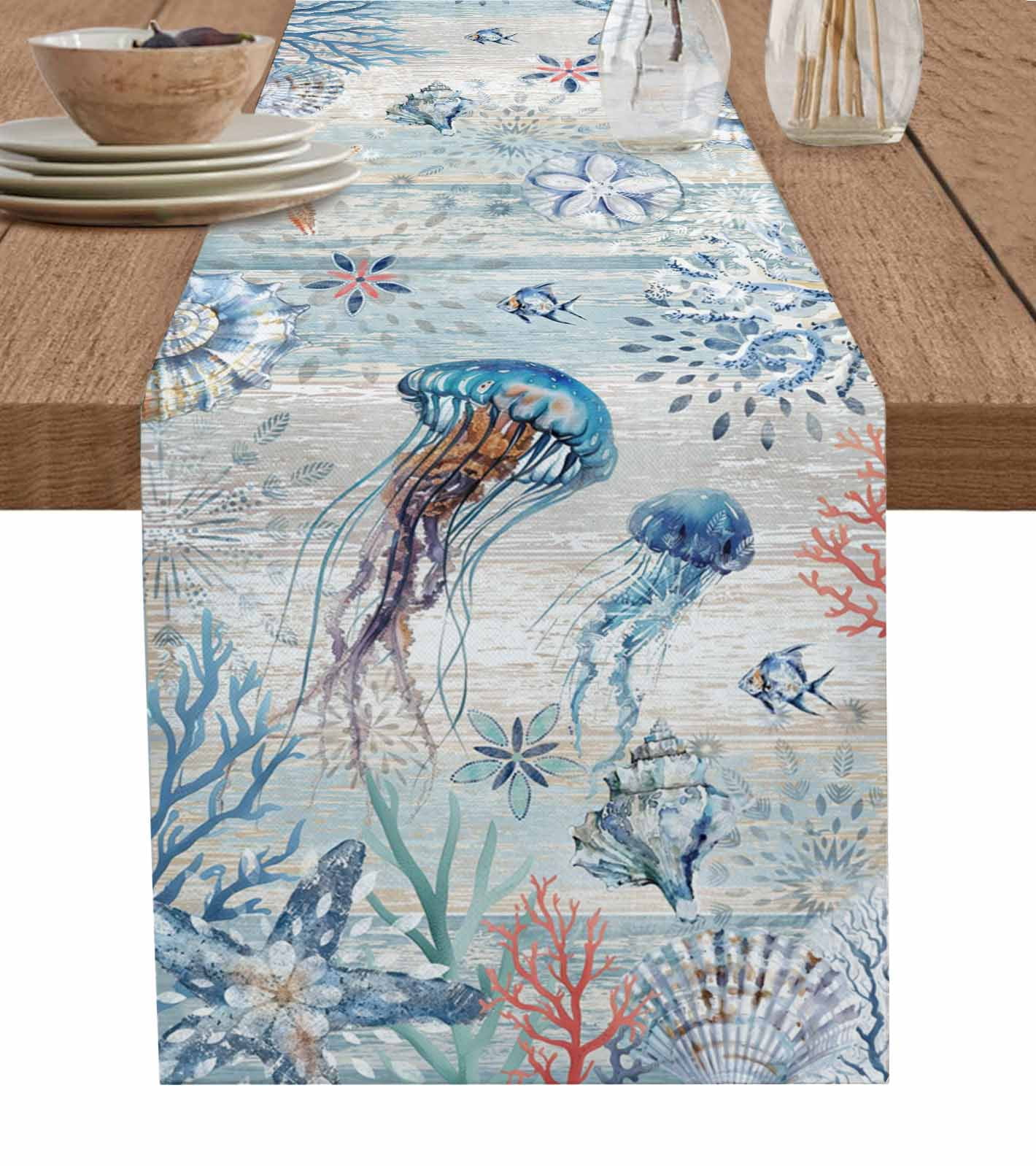 Coastal Jellyfish Table Runner Blue Nautical Marine Life Conch Coral ...