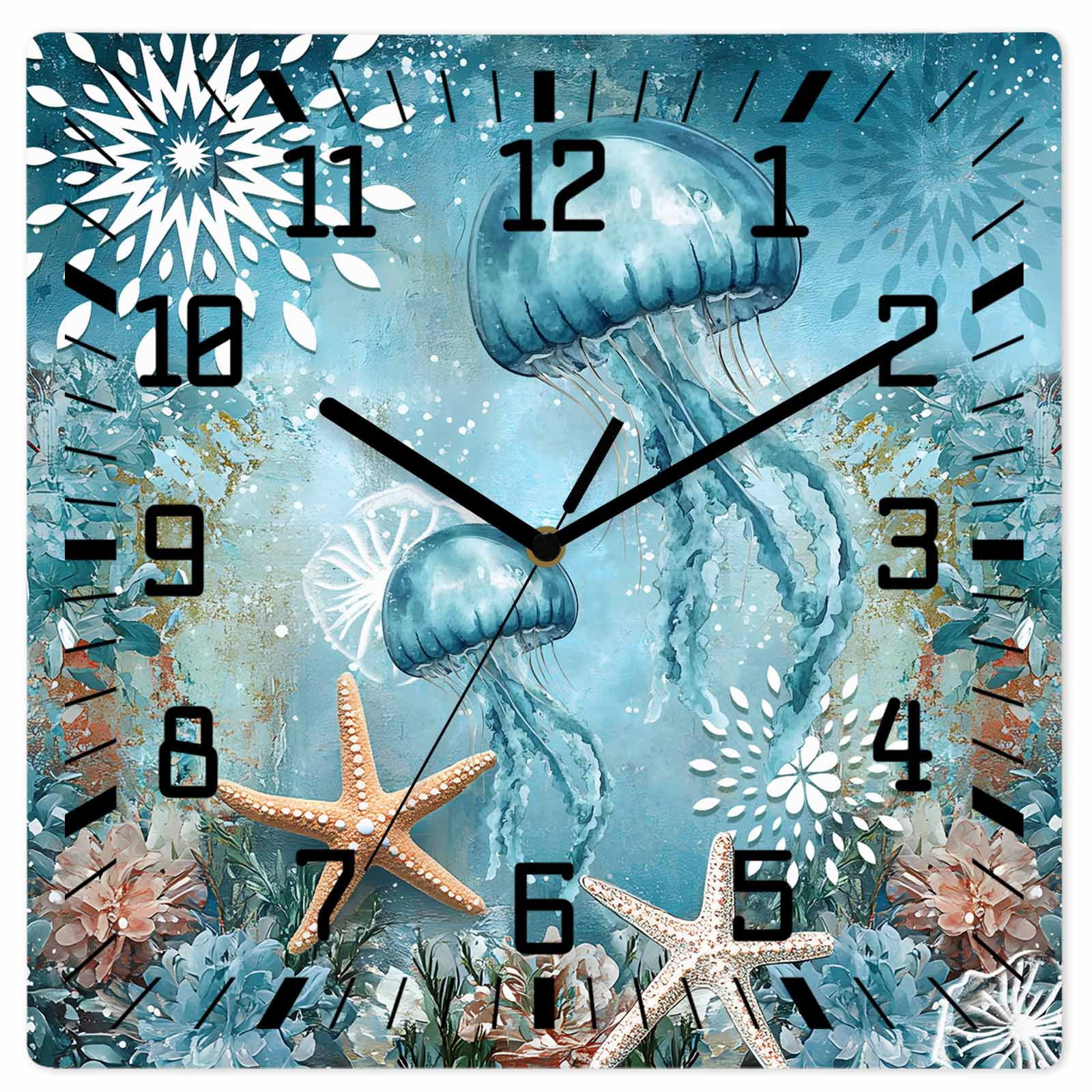 Coastal Jellyfish Wooden Wall Clock Silent Non Ticking, Blue Coral ...