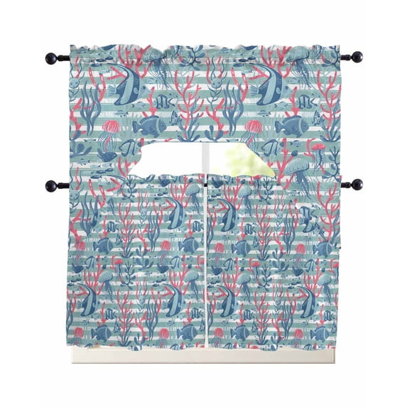 Coastal Kitchen Curtain and Valance Set 3 Pieces,Rod Pocket Short Tier ...