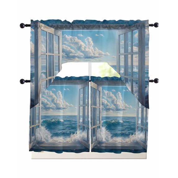 Coastal Kitchen Curtains Set for Windows 3 Piece Cafe Curtains 36 Inch ...