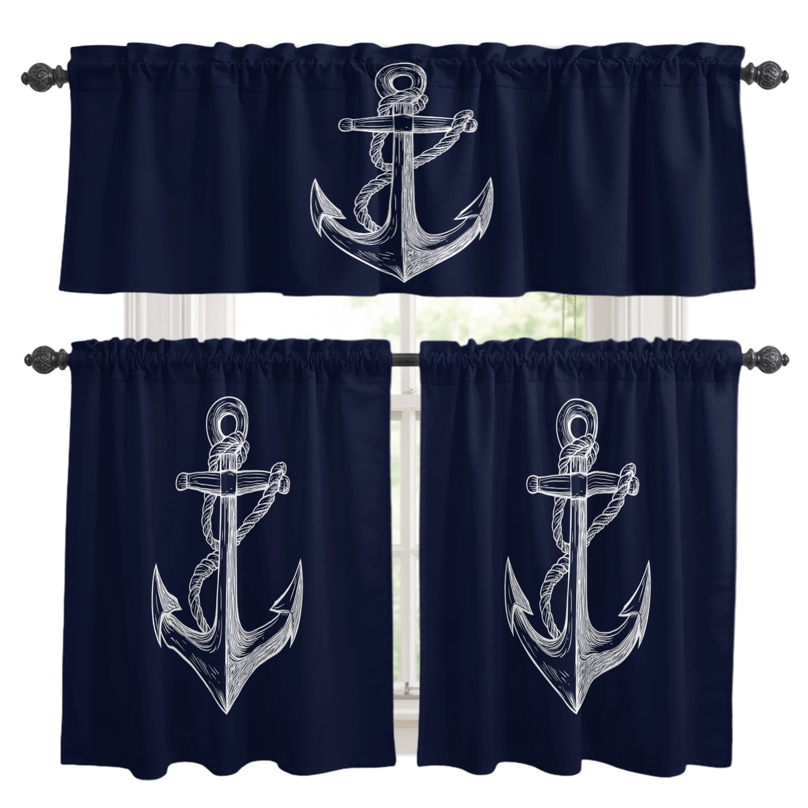 Coastal Kitchen Curtains Set for Windows, Illustration Anchor Rope ...