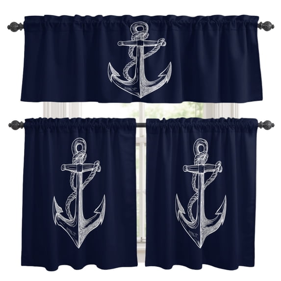 Coastal Kitchen Curtains Set for Windows, Illustration Anchor Rope ...