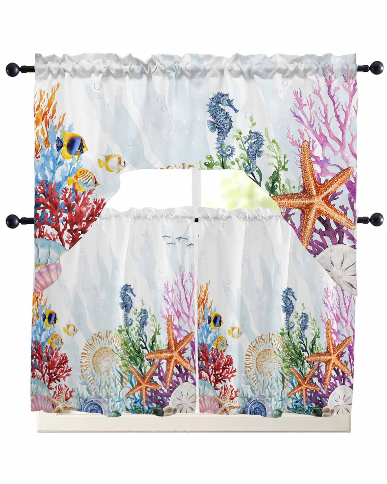 Coastal Kitchen Curtains Sets 24 Inch Length with Valance, Blue Summer ...