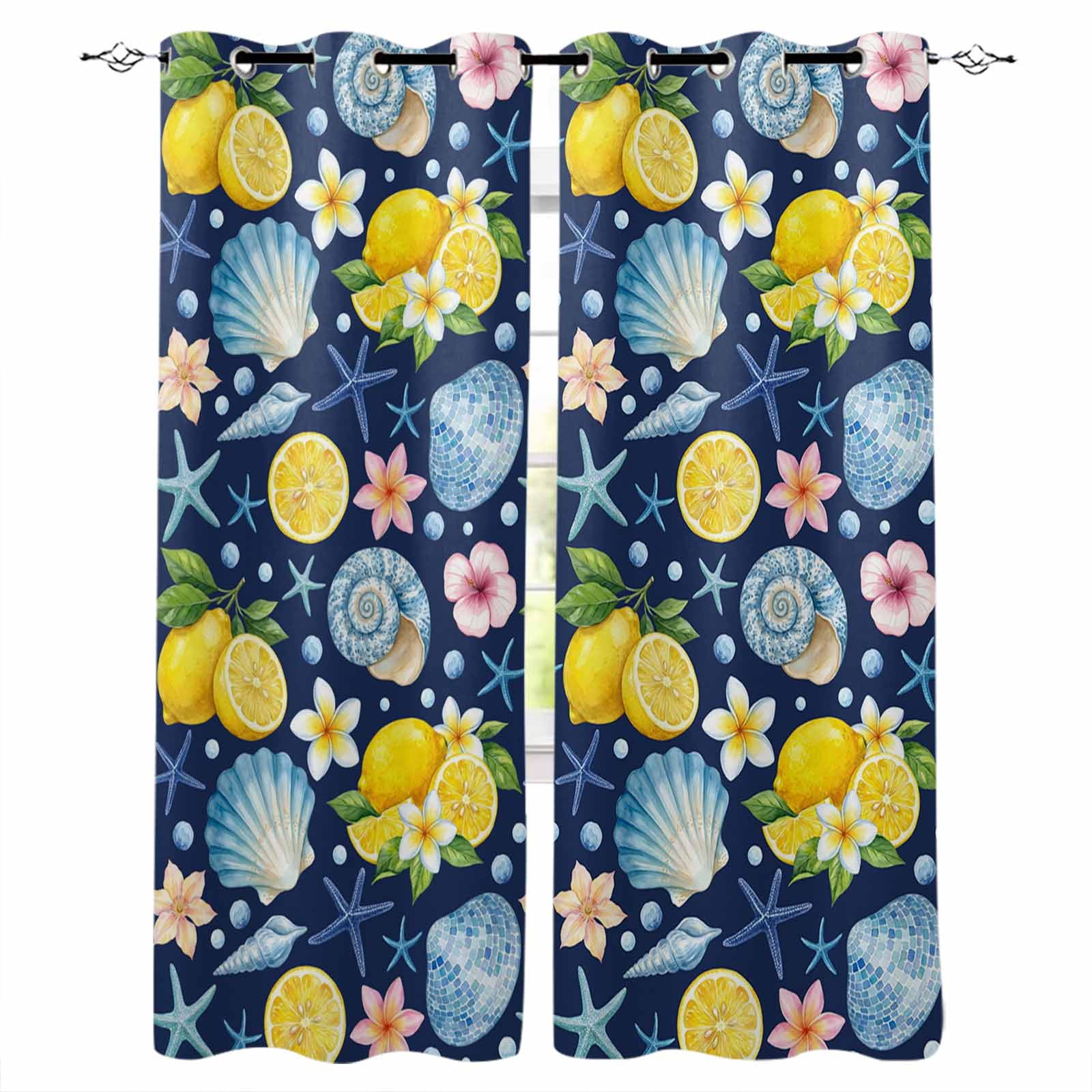 Coastal Kitchen Curtains Summer Lemon Flower Shell Starfish Blue Cafe ...