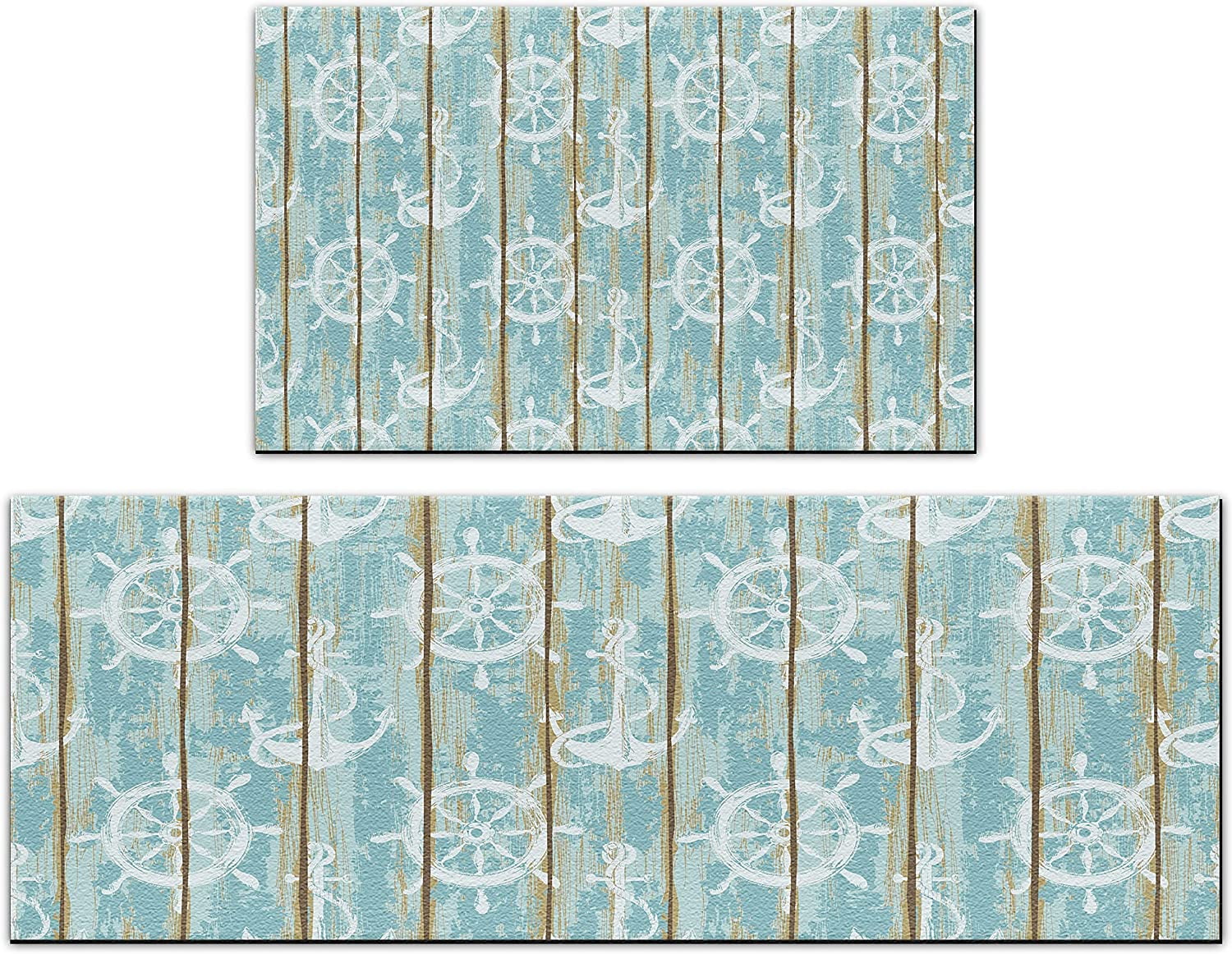 Coastal Beach Kitchen Rugs Set of 2, Nautical, Anti-Fatigue Non-Slip ...