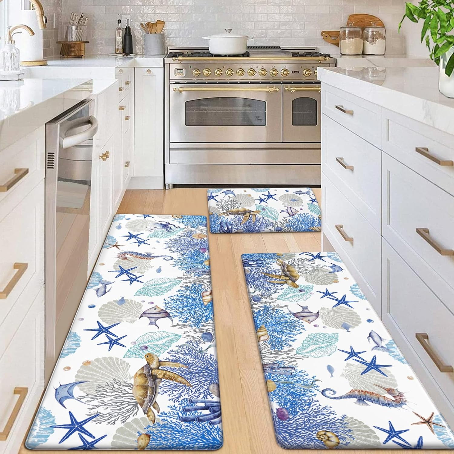 Coastal Kitchen Rugs Set of 3, Nautical Kitchen Mats Cushioned Anti ...