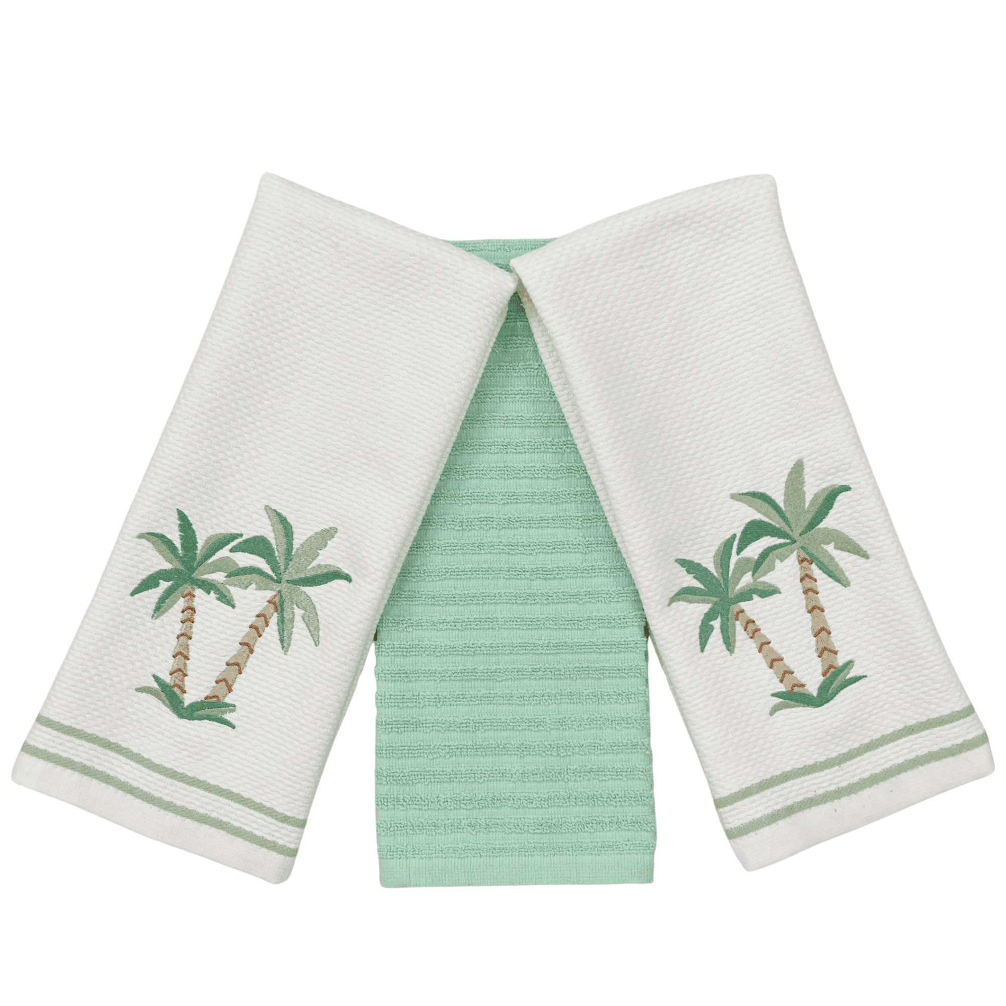 Coastal Kitchen Towels- Set of 3 White 100% Cotton Embroidered Palm ...