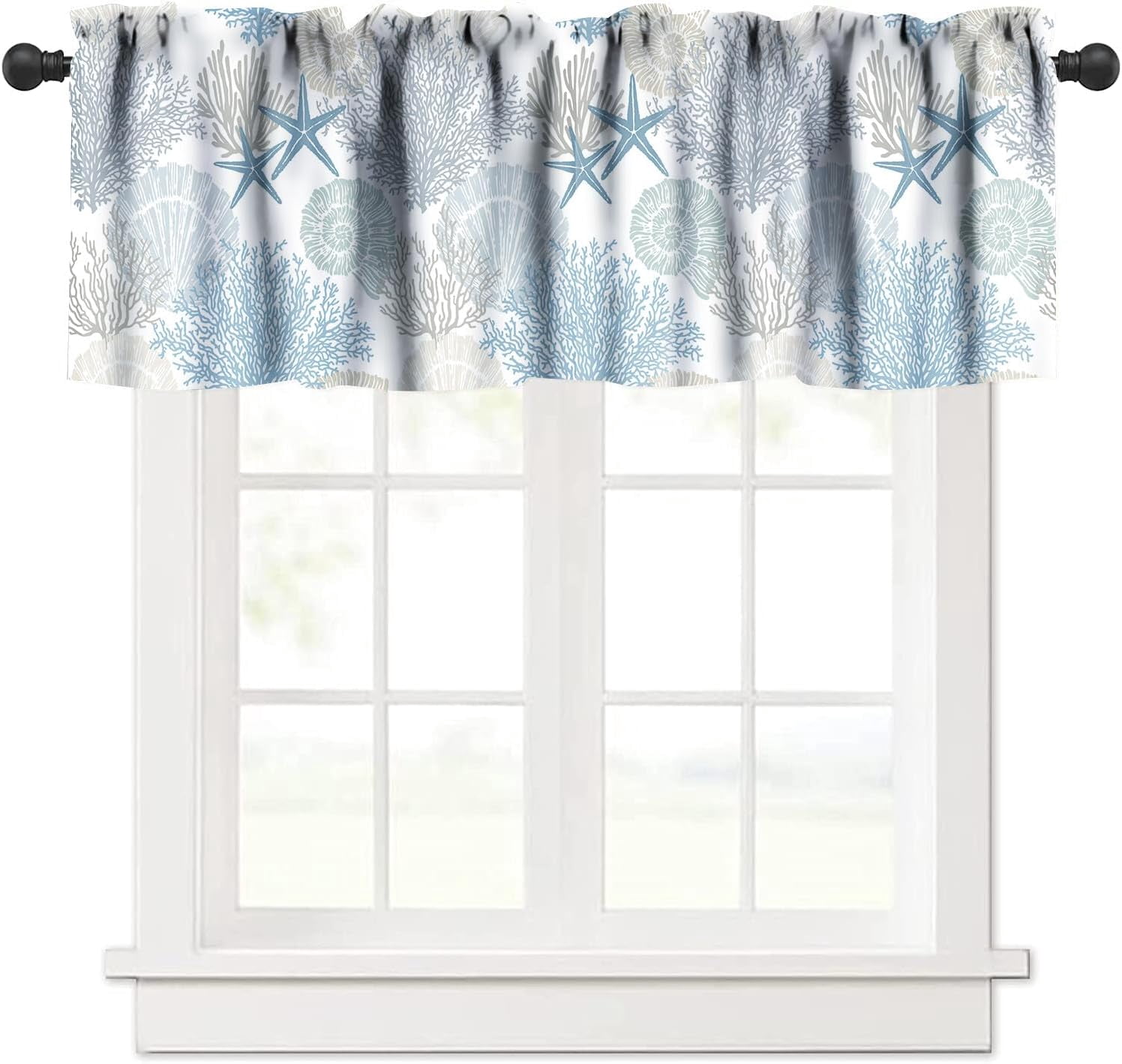 Coastal Kitchen Valance,Summer Starfish Coral Blue Beach Kitchen Rod ...
