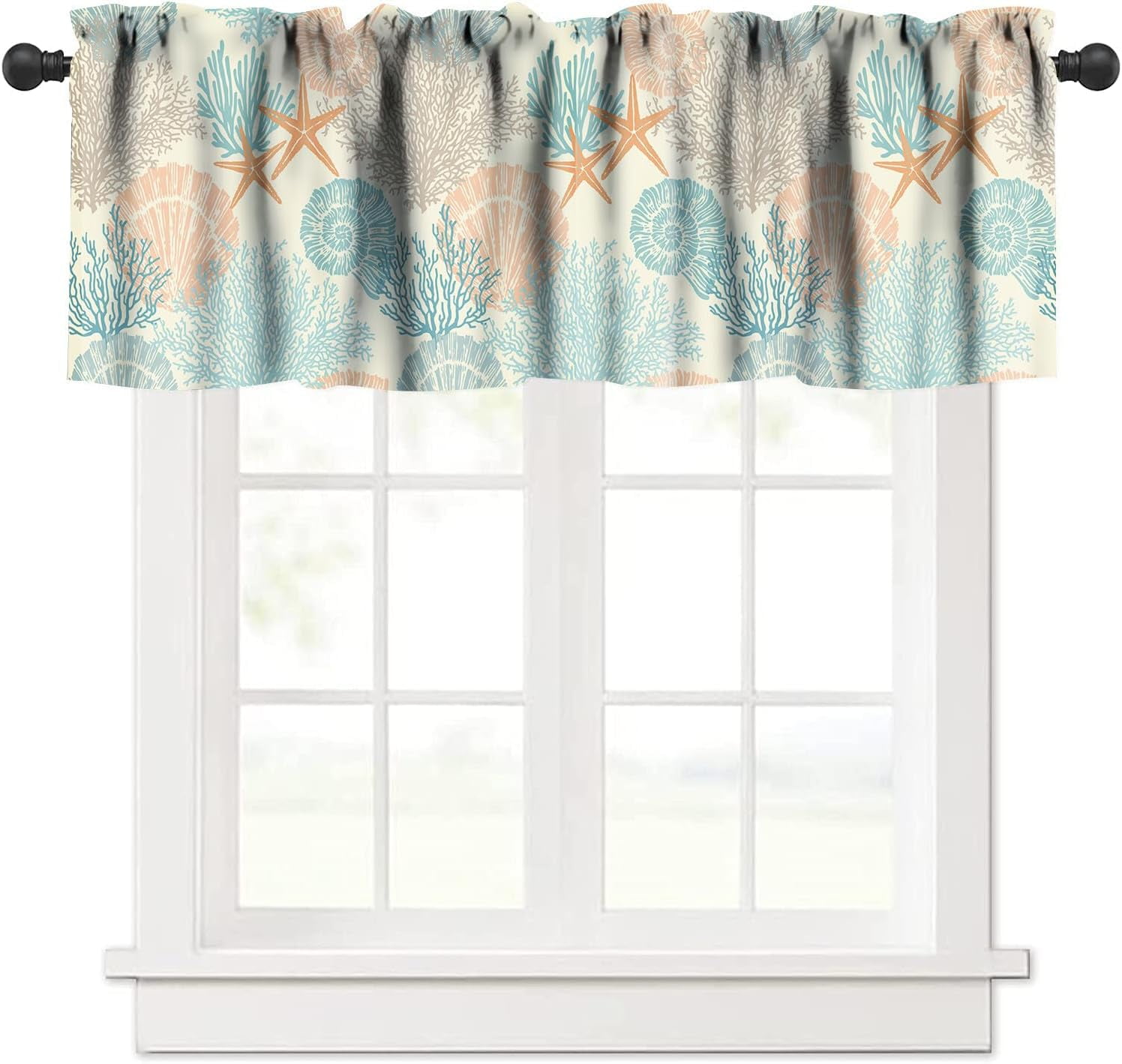 Coastal Kitchen Valance,Summer Starfish Coral Yellow Beach Kitchen Rod ...