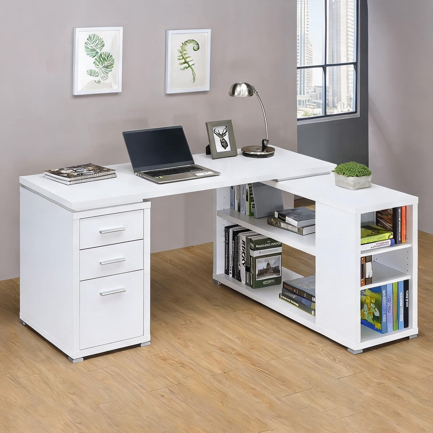 Coastal L-Shaped Computer Desk with 3 Drawers and 5 Shelves in ...