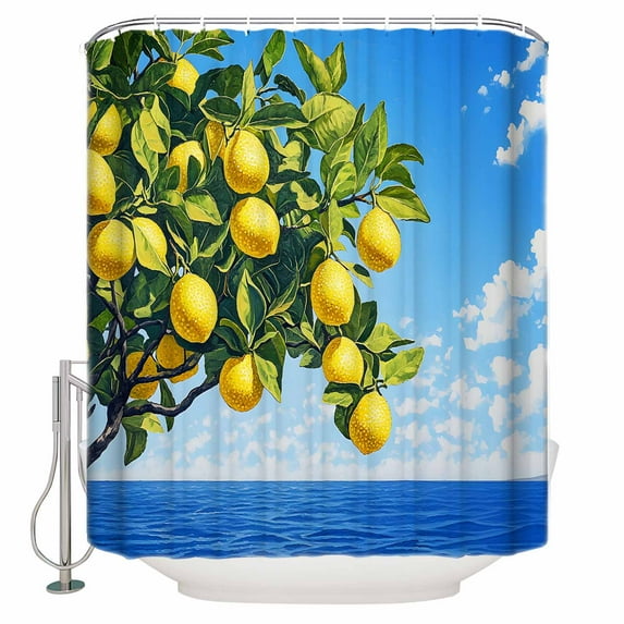 Coastal Lemon Bathroom Shower Curtains with 12 Hooks Polyester ...