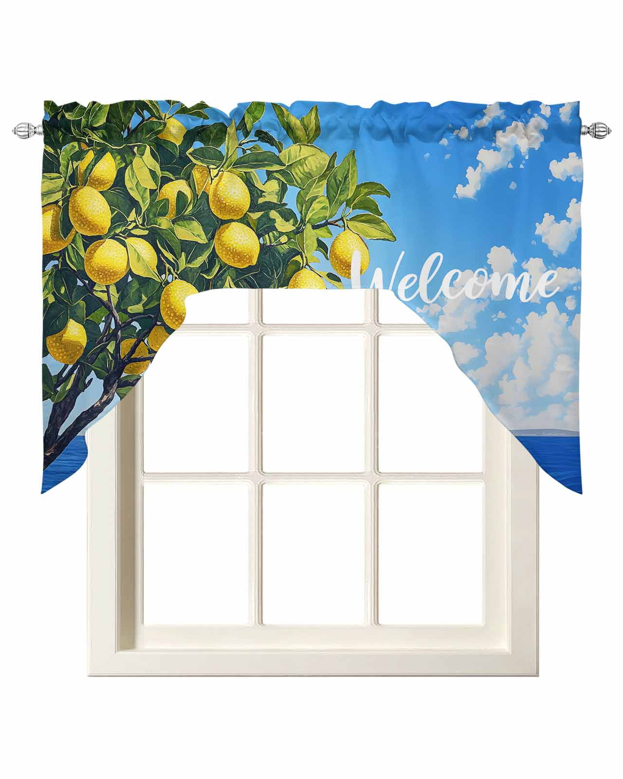 Coastal Lemon Kitchen Swag Valances for Windows, Summer Ocean Sea ...