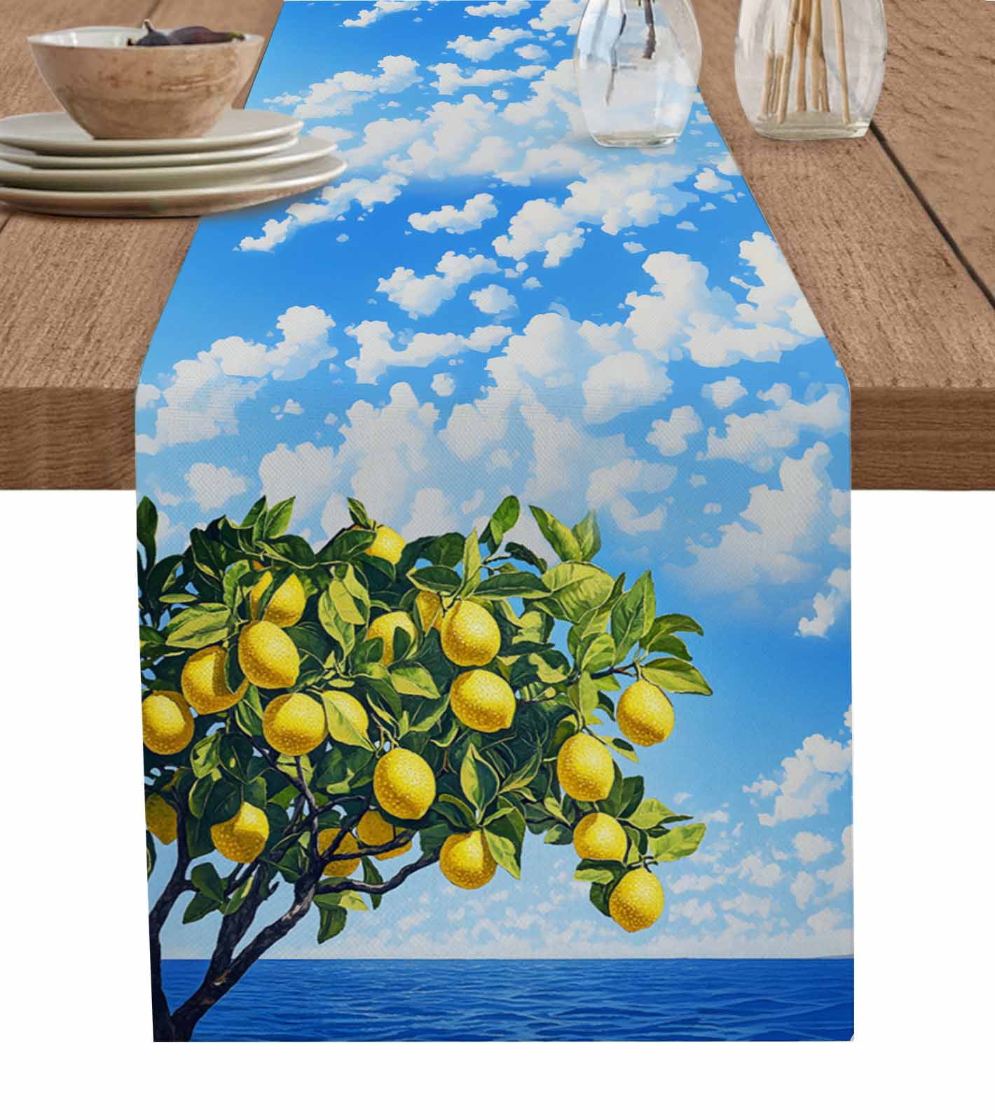 Coastal Lemon Table Runner 60 Inches, Summer Ocean Waves Fruit Trees ...