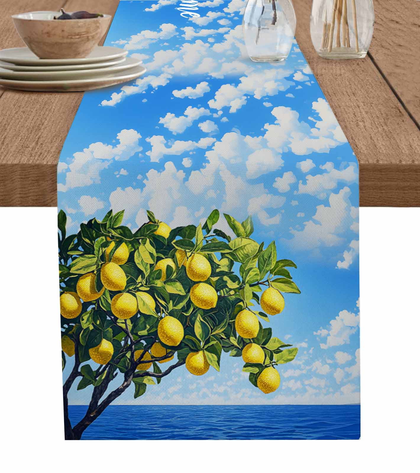 Coastal Lemon Table Runner 72 Inches, Summer Ocean Sea Yellow Fruits ...