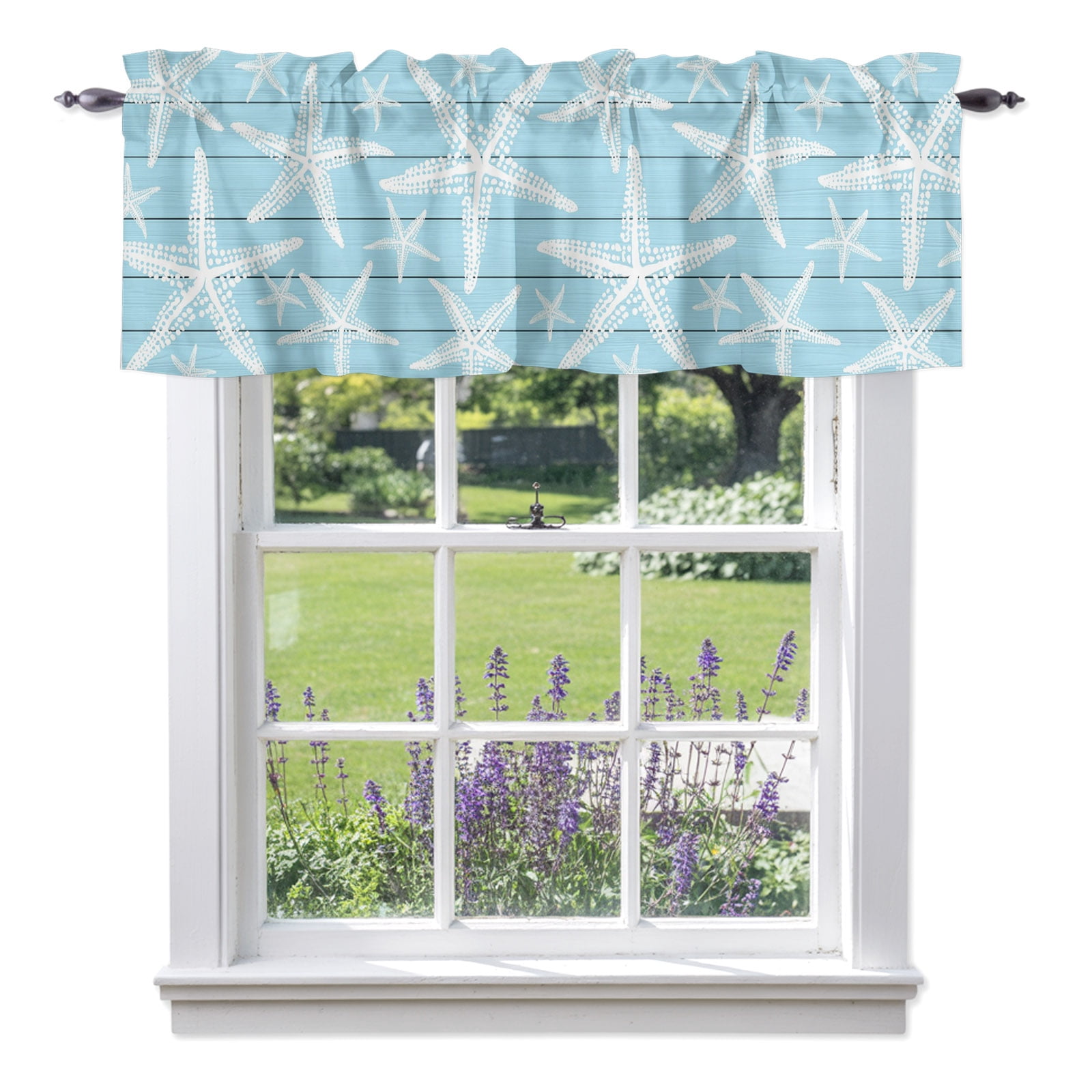 Coastal Light Blue Starfish Window Valance for Kitchen, Nautical Ocean ...
