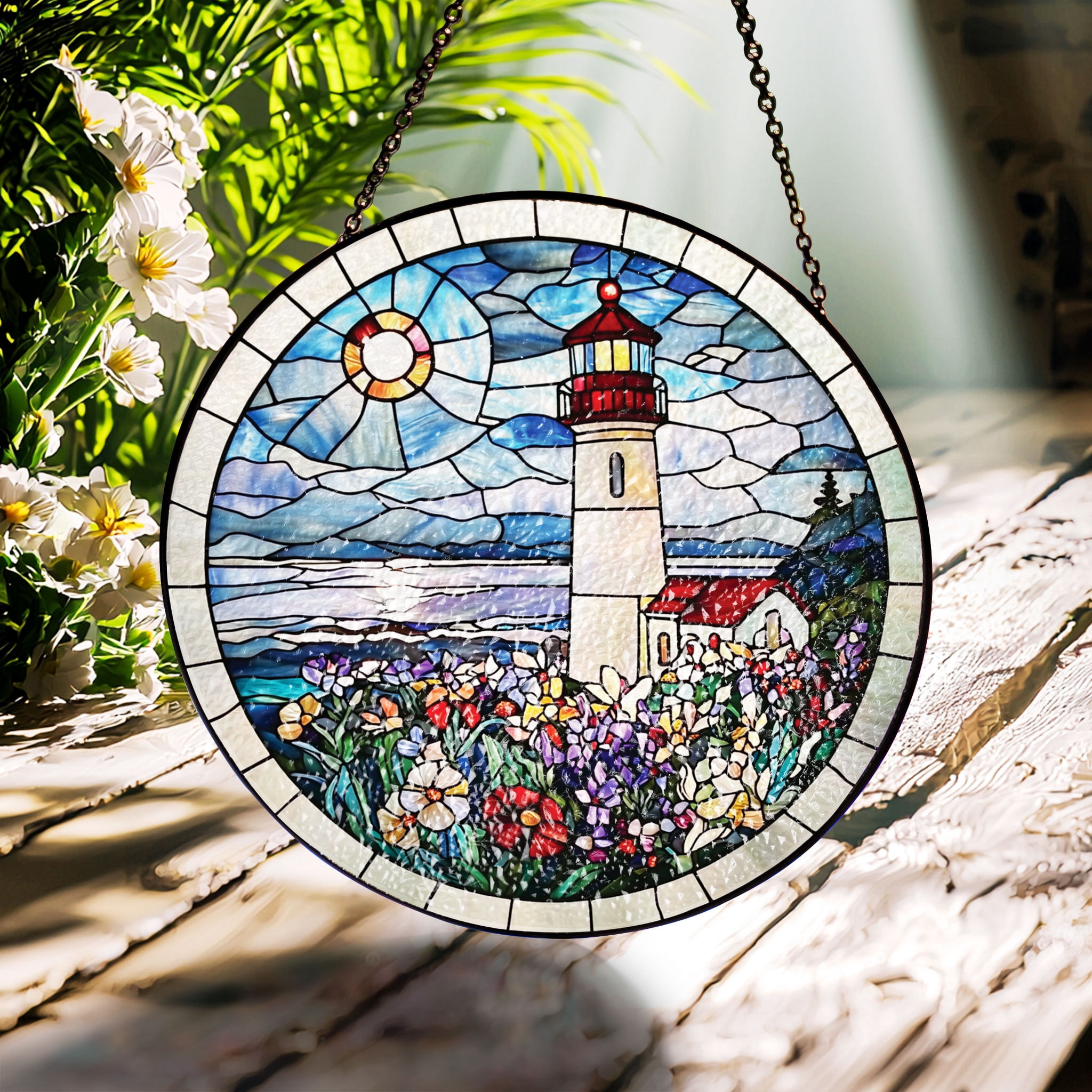 Coastal Lighthouse Acrylic Window Art, Stained Glass Style Decor for ...