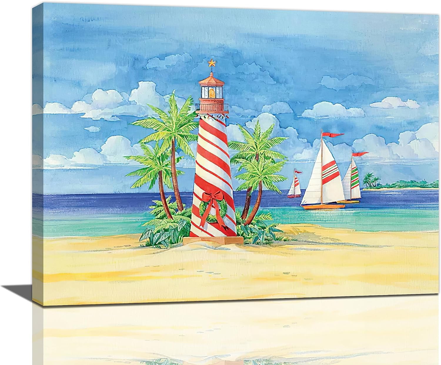 Coastal Lighthouse Bathroom Decor Wall Art Beach Saioat Palm Tree ...