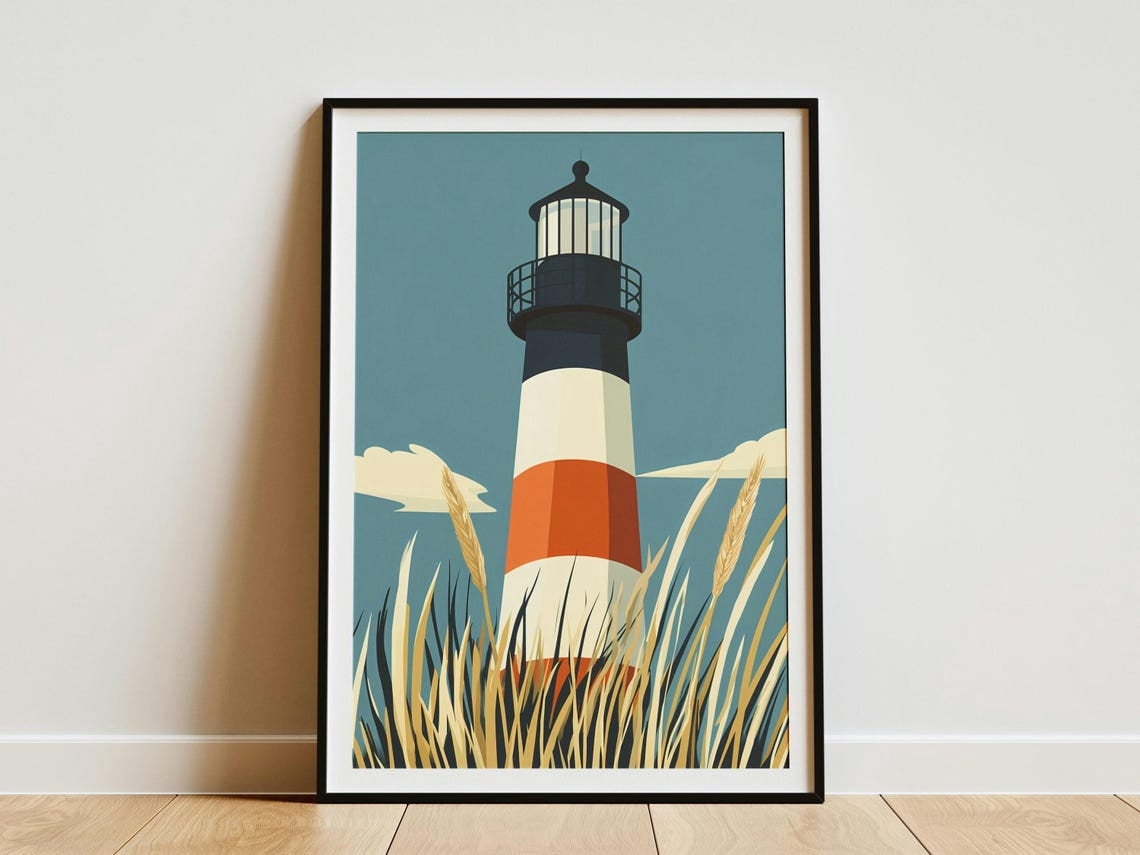 Coastal Lighthouse Beach Grass Landscape Seaside Nautical Poster ...