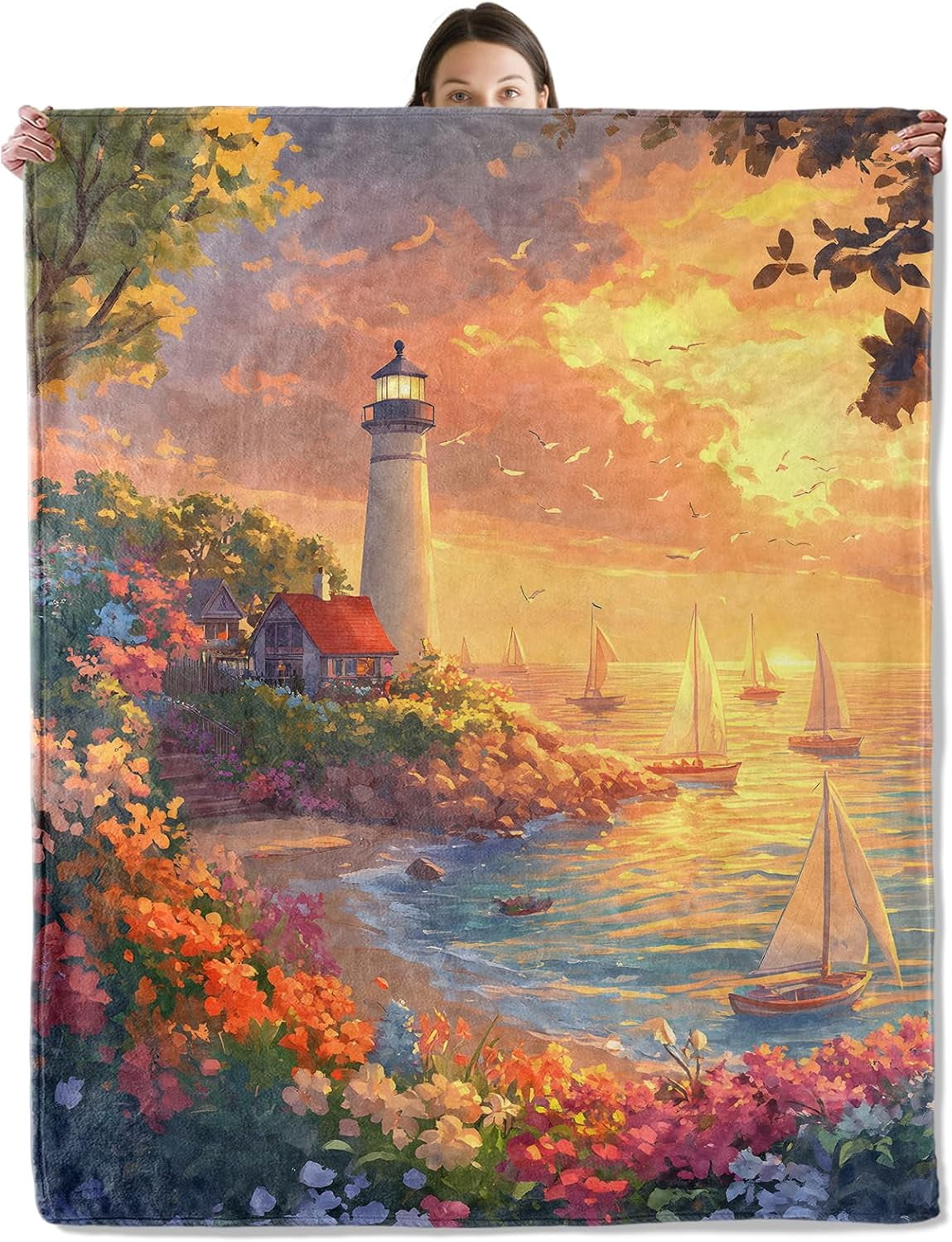 Coastal Lighthouse Blanket, Cozy Flannel Sunset Peaceful Nautical Throw ...