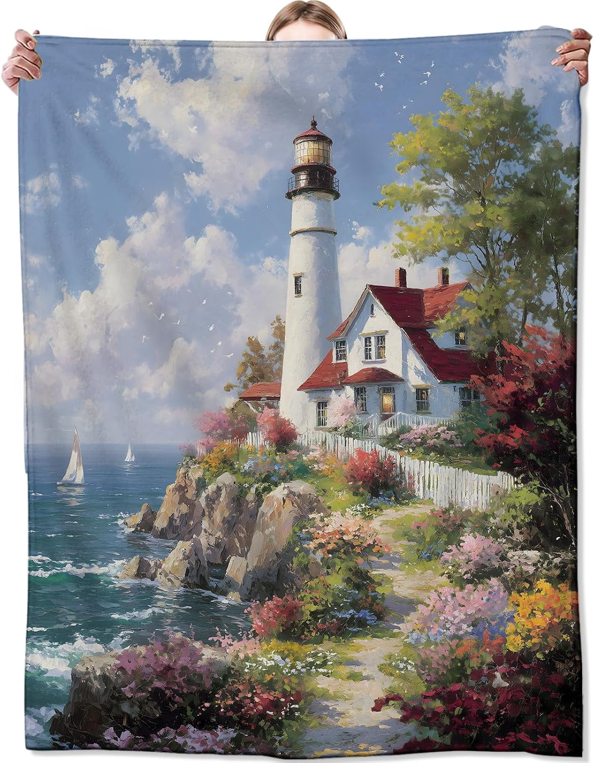 Coastal Lighthouse Blanket, Oil Painting Style Flower and Ocean Blankts ...