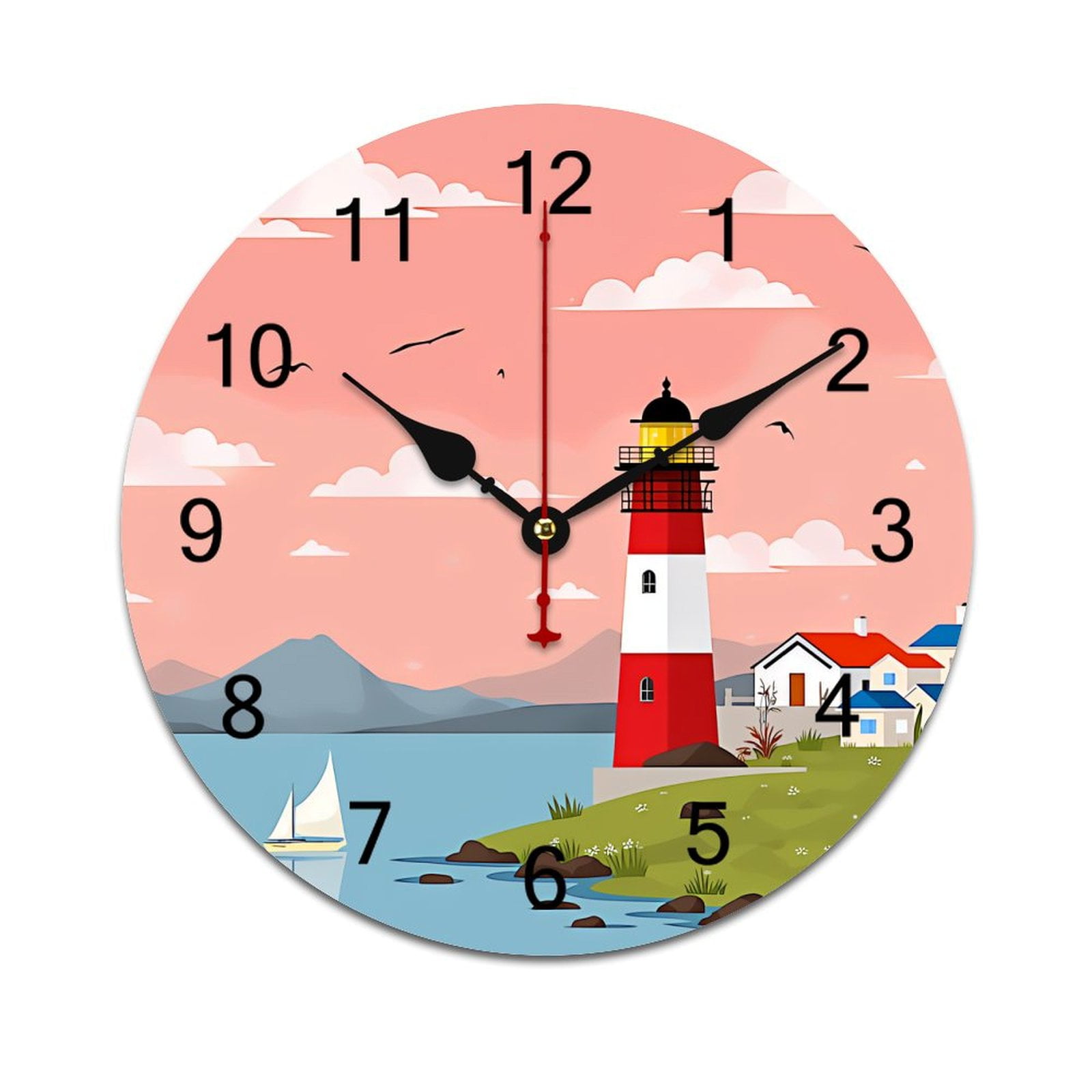 Coastal Lighthouse Color Printed Silent Wall Clock Round Kitchen Clock ...