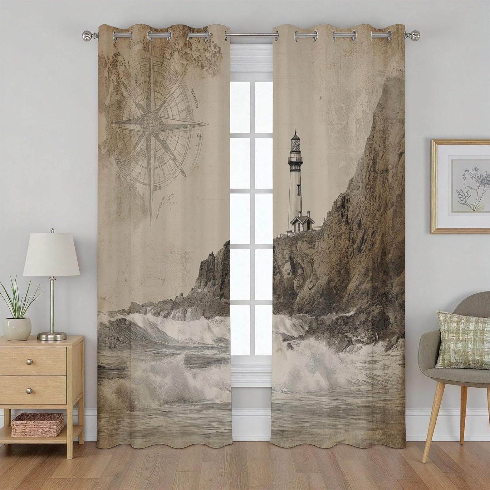 Coastal Lighthouse Curtains For Living Room, Compass Nautical Drapes ...