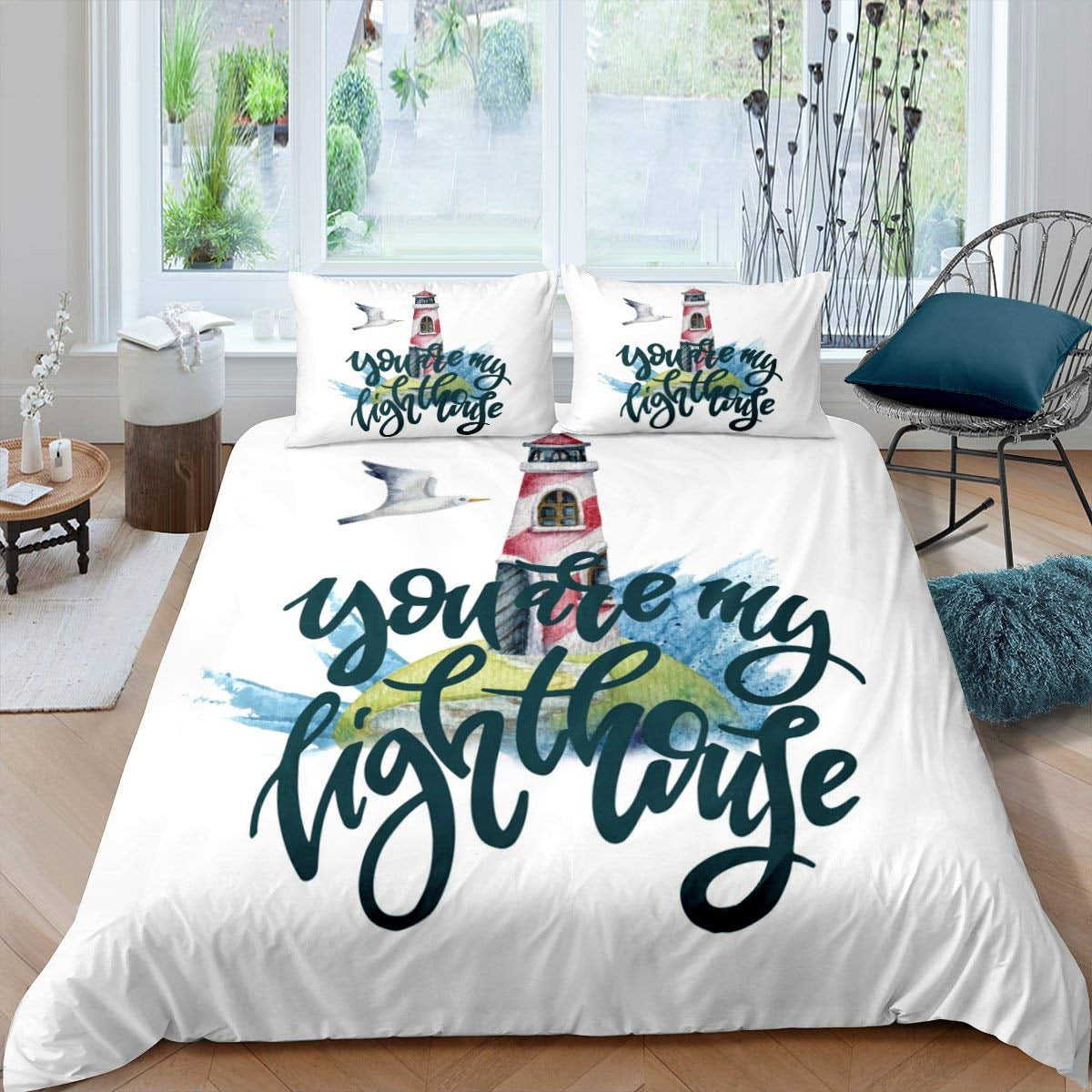 Coastal Lighthouse King Full Duvet Cover Ocean Nautical Bedding Set ...