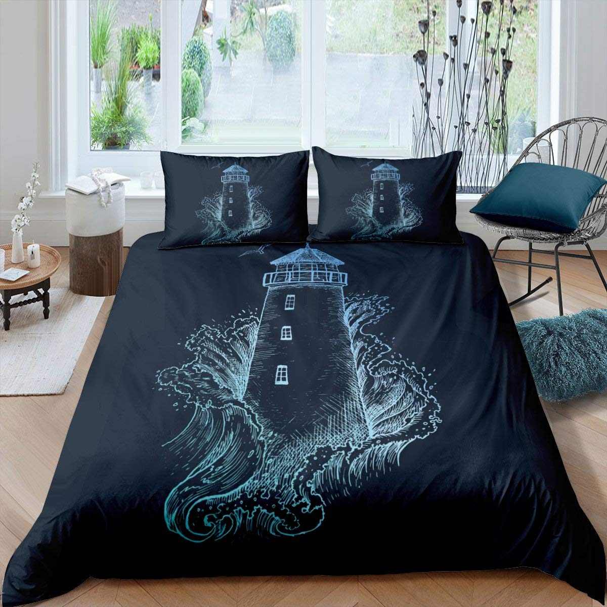 Coastal Lighthouse King Full Duvet Cover Ocean Nautical Bedding Set ...