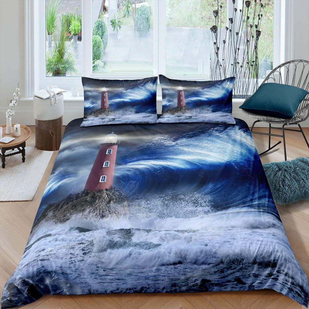 Coastal Lighthouse King Full Duvet Cover Ocean Nautical Bedding Set ...