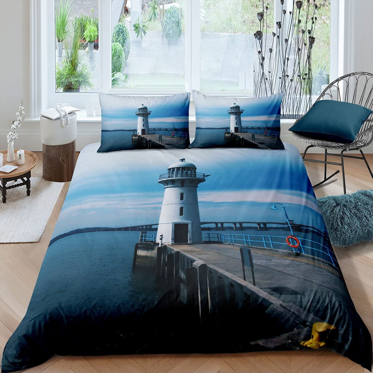 Coastal Lighthouse King Full Duvet Cover Ocean Nautical Bedding Set ...