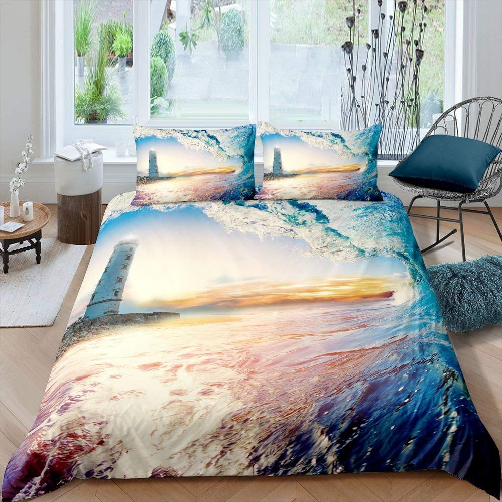 Coastal Lighthouse King Full Duvet Cover Ocean Nautical Bedding Set ...