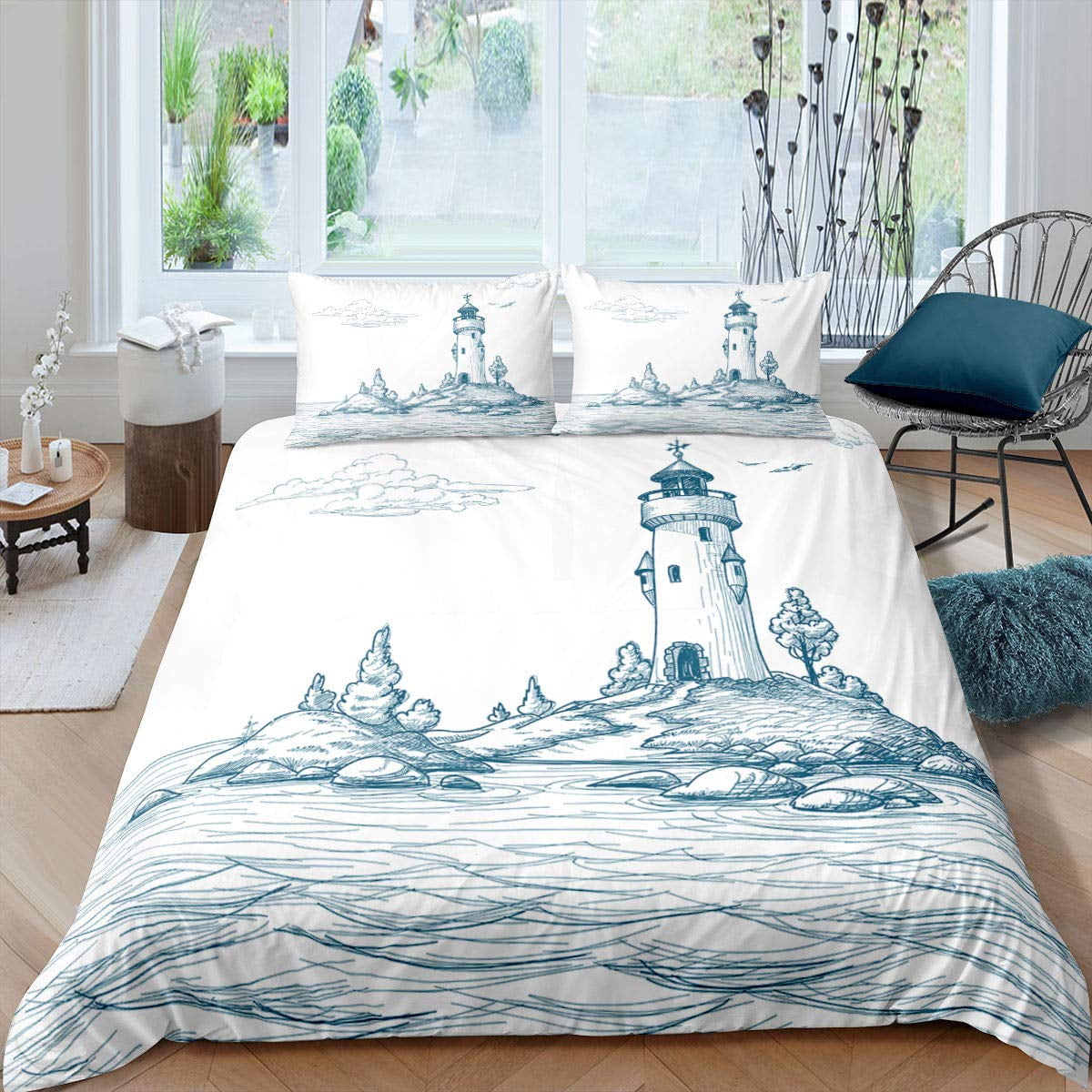 Coastal Lighthouse King Full Duvet Cover Ocean Nautical Bedding Set ...