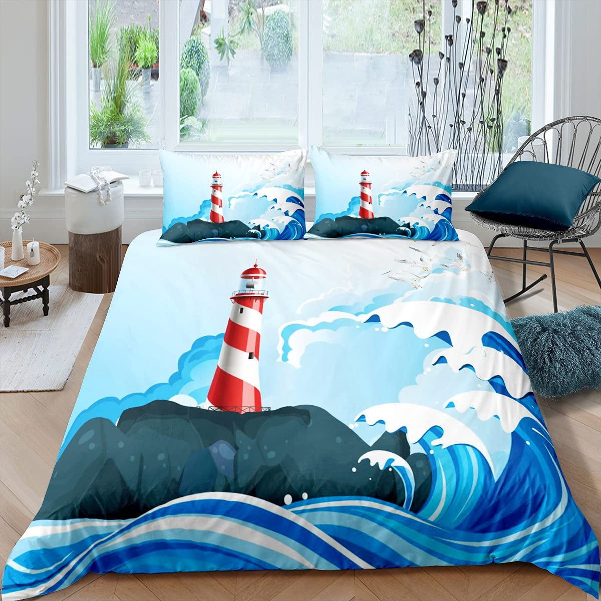 Coastal Lighthouse King Full Duvet Cover Ocean Nautical Bedding Set ...