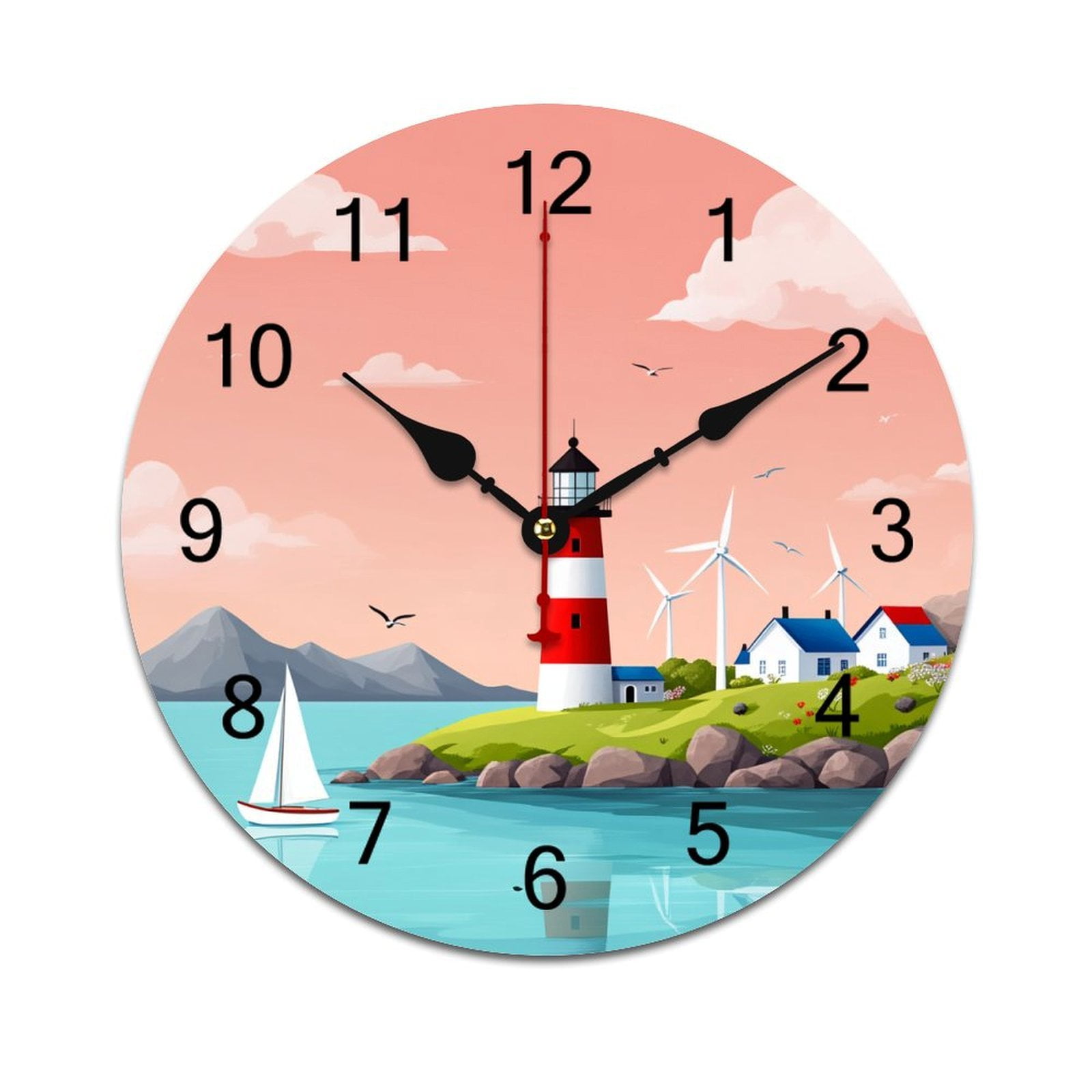 Coastal Lighthouse Scene-2 Time Decorative Wall Clocks Round Large Wall ...