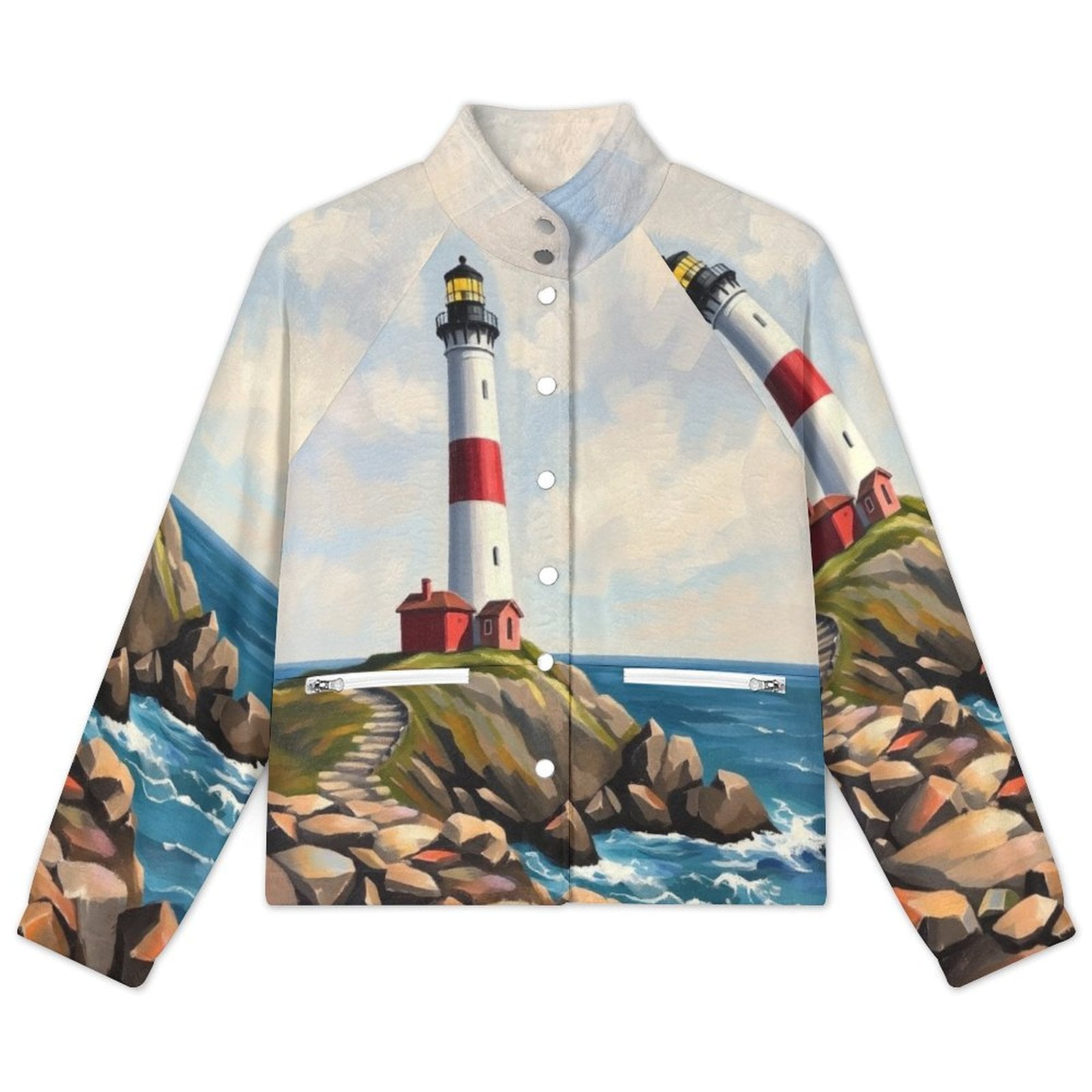 Coastal Lighthouse Scene Fall Winter Women Jacket Stand Collar Thick ...